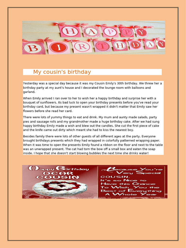 My Cousins Birthday Reading Comprehension Exercises | PDF