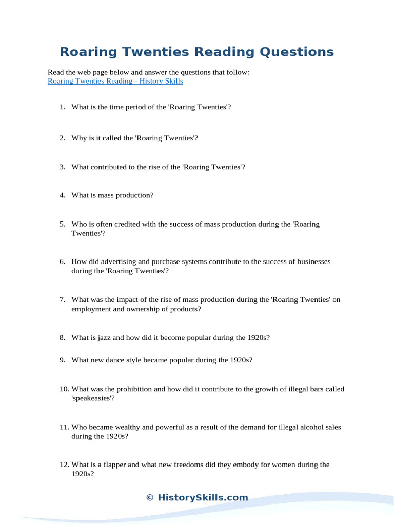 Roaring Twenties Reading Questions | PDF