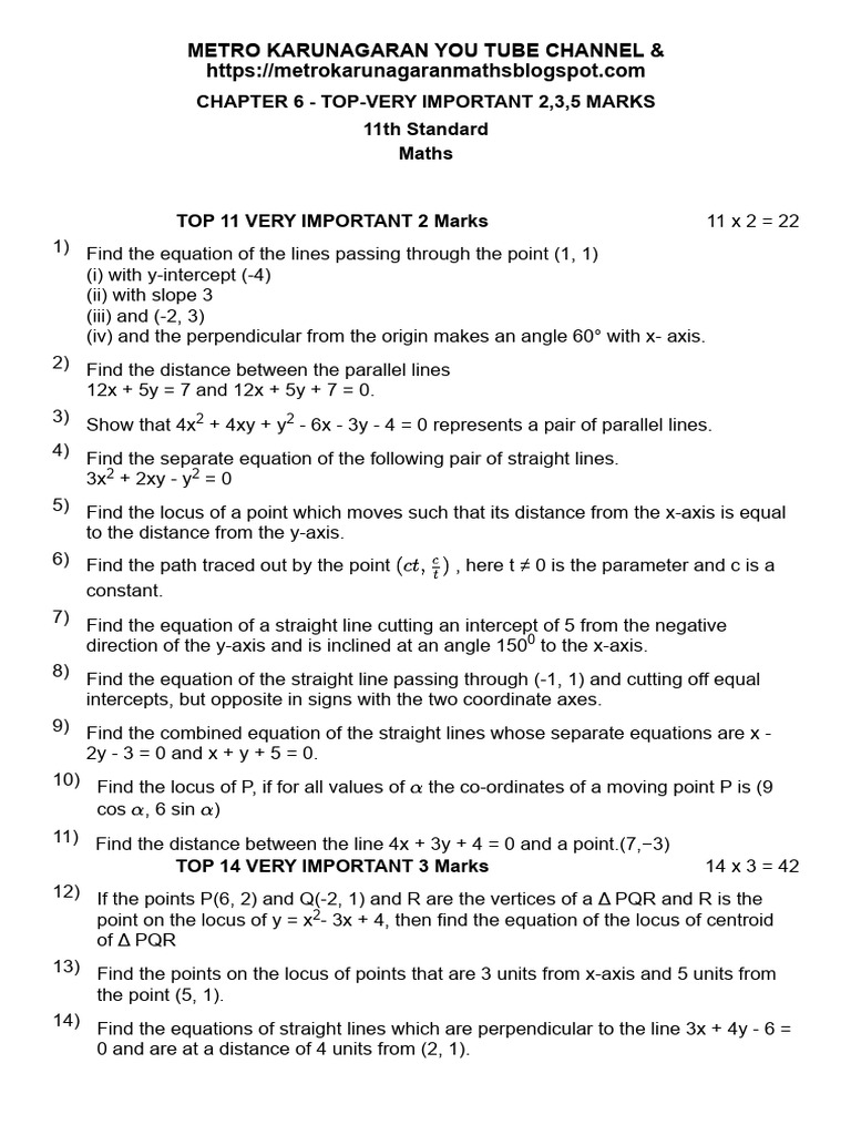 11 CHAP 6 TOP2,3,5 MARKS | PDF | Line (Geometry) | Cartesian Coordinate ...