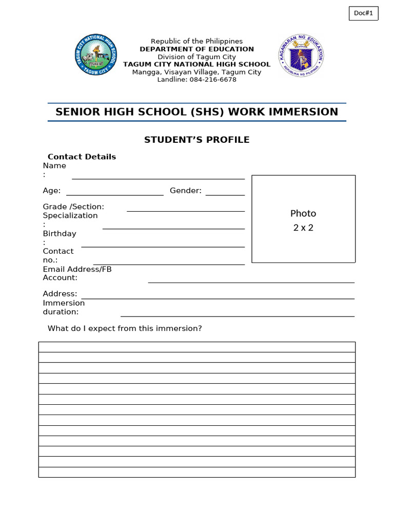 SHS Work Immersion Student Profile | PDF