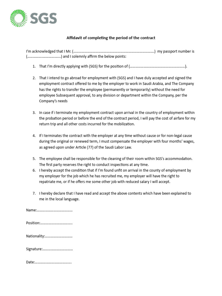 Affidavit of Completing The Period of The Contract | PDF