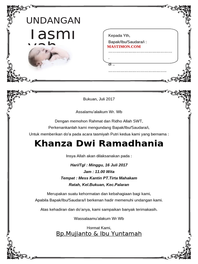 Undangan Tasmiyah Khanza Dwi Ramadhania | PDF