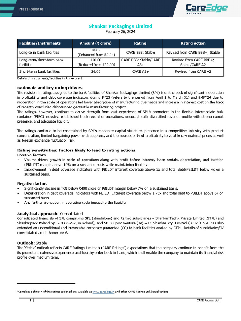 Shankar Packagings Ltd. Rating Update | PDF | Banks | Hedge (Finance)