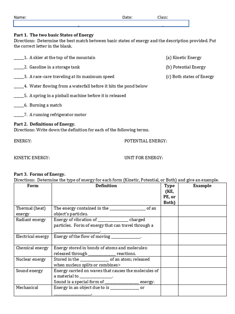 Energy Transformation Review Worksheet | PDF | Potential Energy | Forms ...