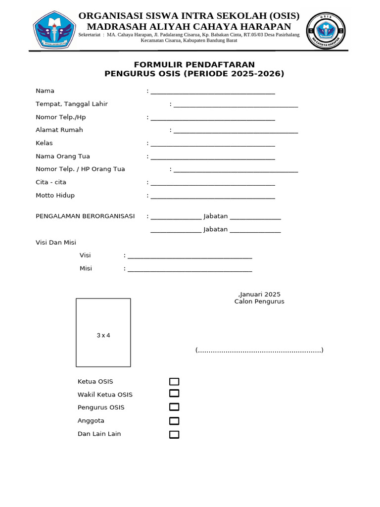 Formulir Pendaftaran OSIS 2025-2026 | PDF