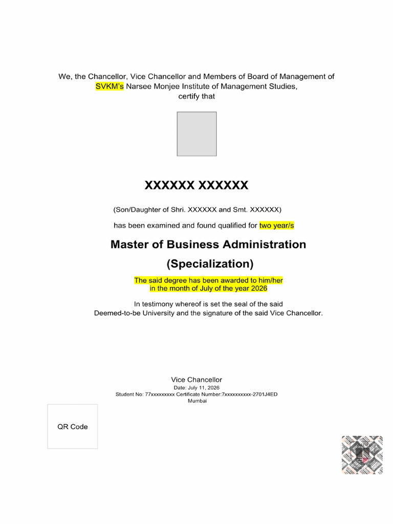 MBA - Sample Final Certificate | PDF