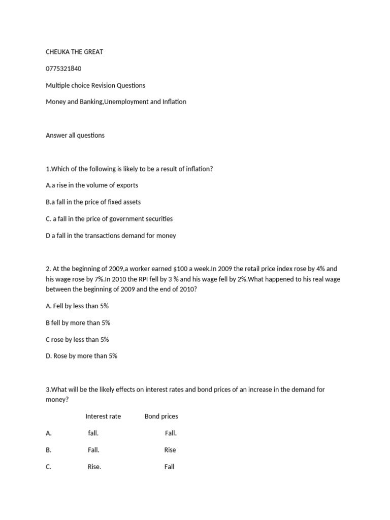 Money and Banking Revision Questions | PDF | Inflation | Unemployment