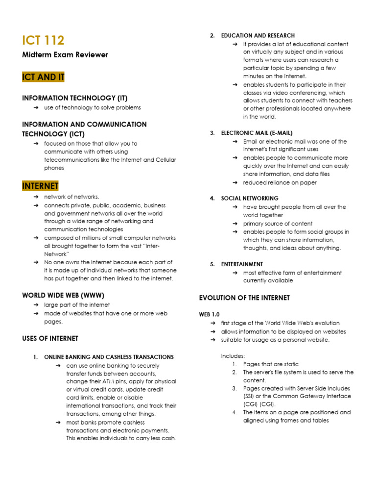 ICT 112 Midterm Reviewer | PDF | World Wide Web | Internet & Web