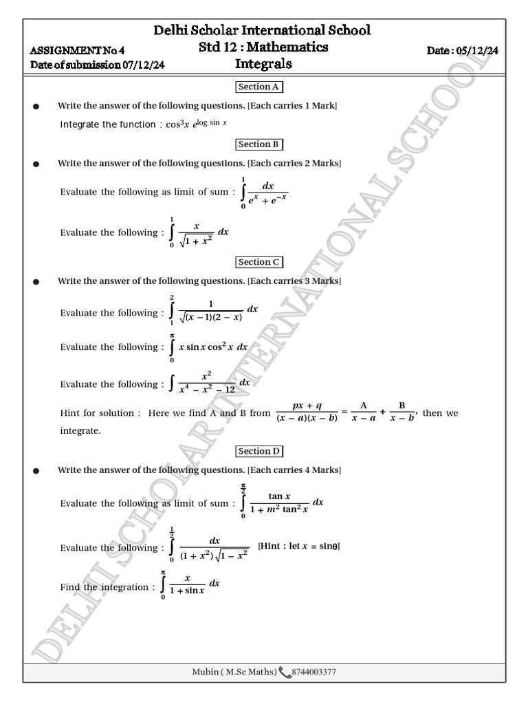 Assignment No 4 Integrals | PDF | Mathematics