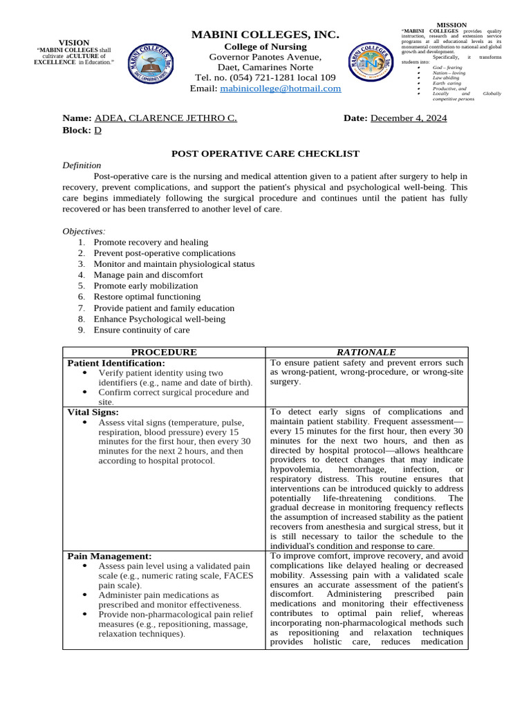 POST OPERATIVE CARE CHECKLIST With Rationale | PDF | Thrombosis | Surgery