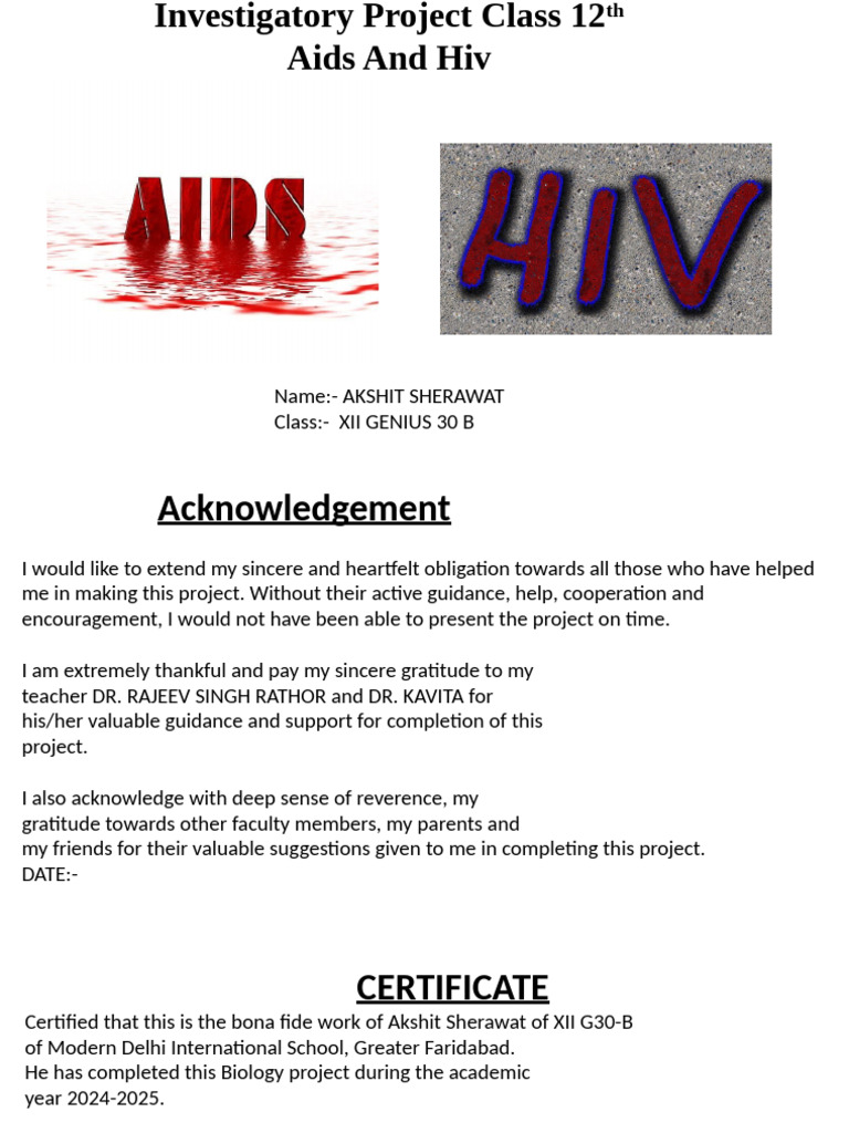 HIV/AIDS Investigatory Project Class 12 | PDF | Hiv/Aids | Hiv