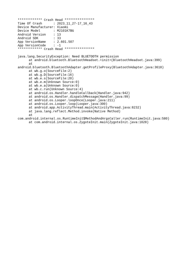 Xiaomi Crash: Bluetooth Permission Error | PDF