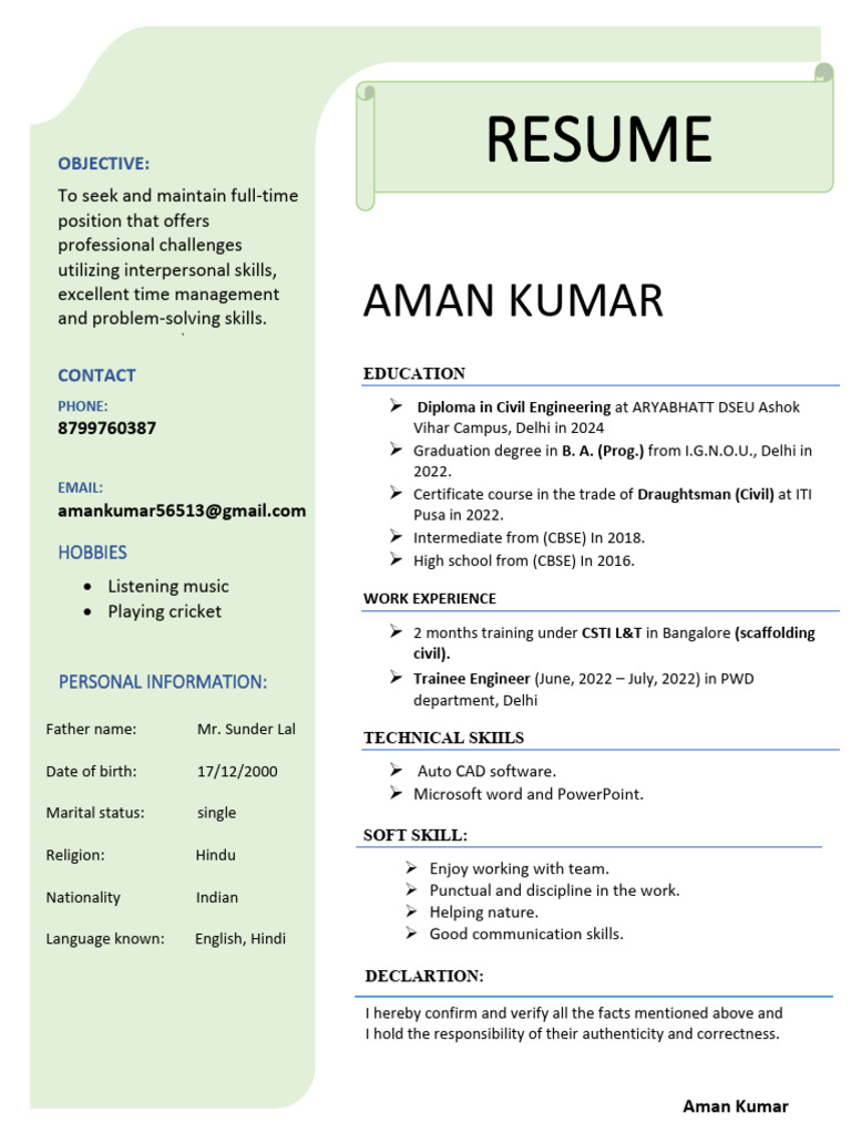 Resume of Aman Kumar - Civil Engineer | PDF