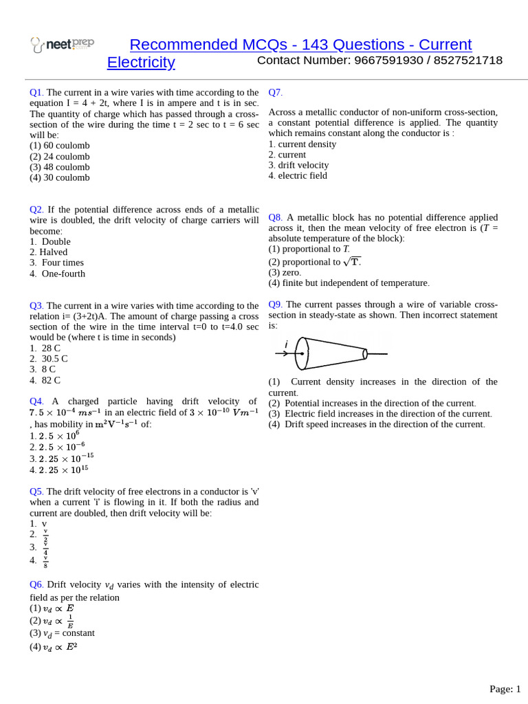 NEET Physics: Current Electricity MCQs | PDF | Voltage | Volt