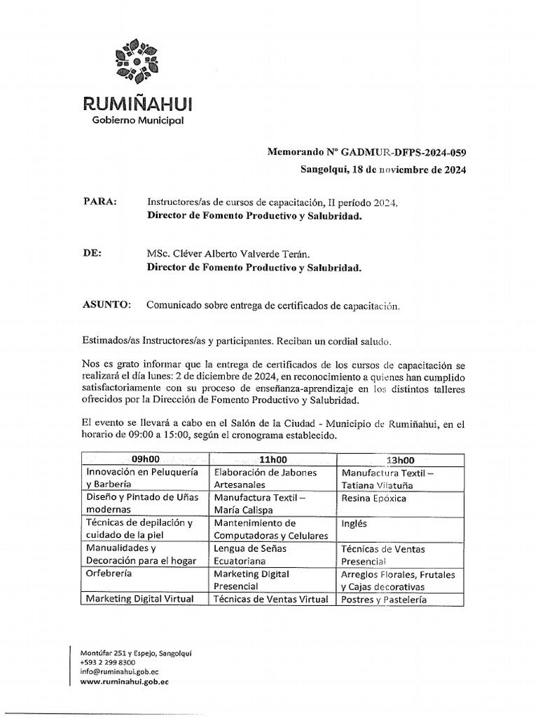 MEMORANDO Comunicado Sobre Entrega de Certificados de Capacitación | PDF