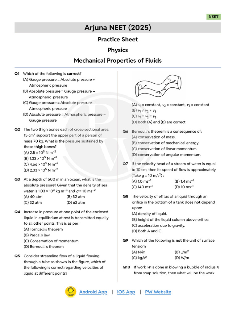 Mechanical Properties of Fluids _ Practice Sheet __ Arjuna NEET 2025 | PDF | Pressure | Liquids
