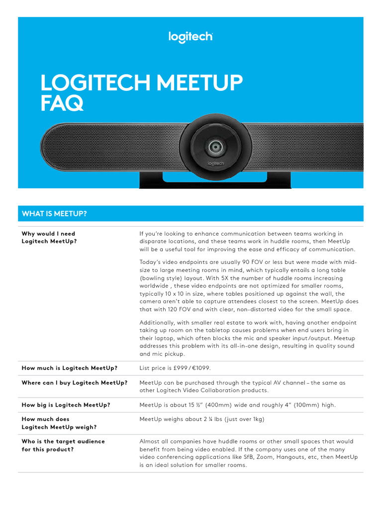 Logitech MeetUp: Huddle Room Video Solution | PDF | Usb | Mobile App
