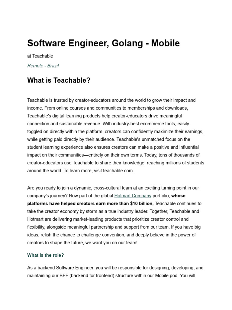 Software Engineer, Golang - Mobile | PDF | Business | Computing