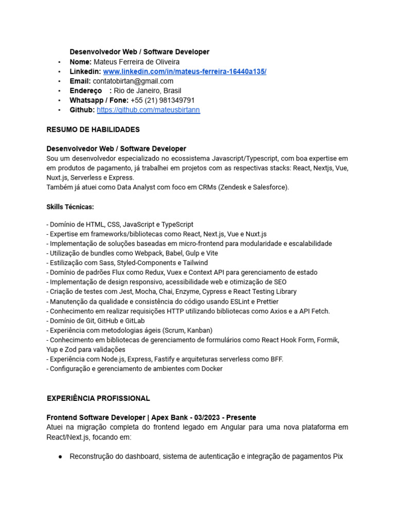 Mateus Ferreira Desenvolvedor 2024 | PDF | Informática | Engenharia de Software
