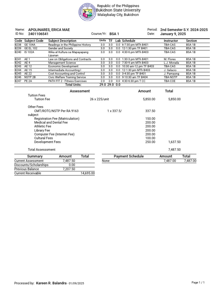 BSA 1B Student Course Schedule | PDF | Business | Money