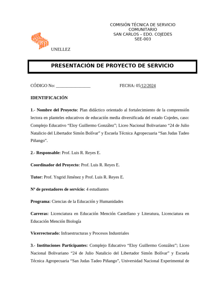Proyecto Servicio Comunitario 2024II PCEH | PDF | Evaluación | Plan de ...