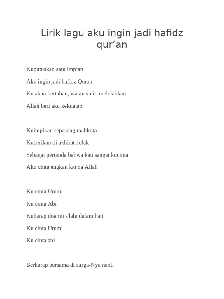 Lirik Lagu Aku Ingin Jadi Hafidz Qur'An | PDF