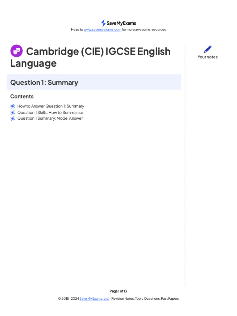 IGCSE English Summary Question Guide | PDF | Question | Reading ...