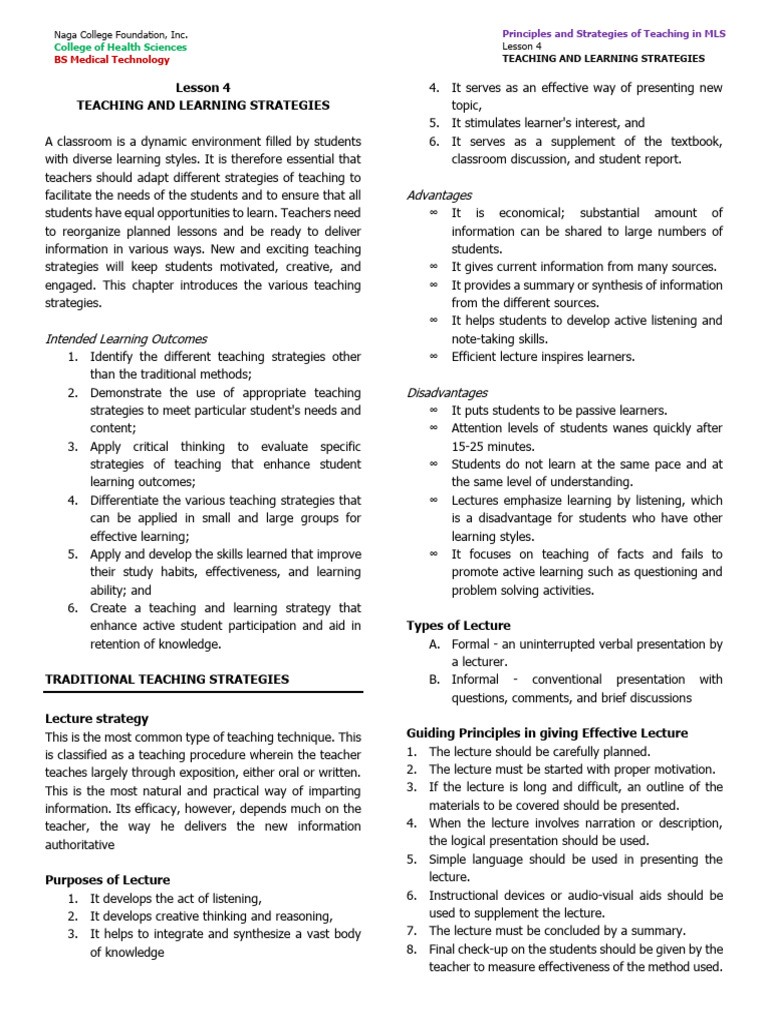 Lesson 4 TEACHING AND LEARNING STRATEGIES | PDF | Educational ...