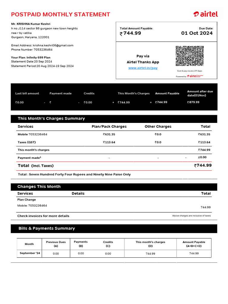 Sep 2024 Mobile Bill | PDF | Services (Economics) | Payments