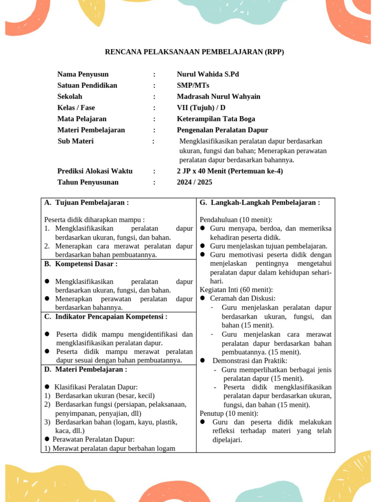 RPP Pertemuan Ke 4 (Pengenalan Peralatan Dapur) | PDF