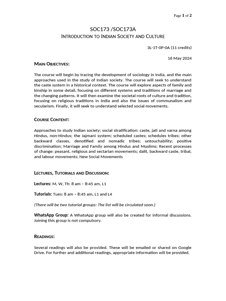 Introduction to Indian Society Course | PDF | Dalit | Social Divisions