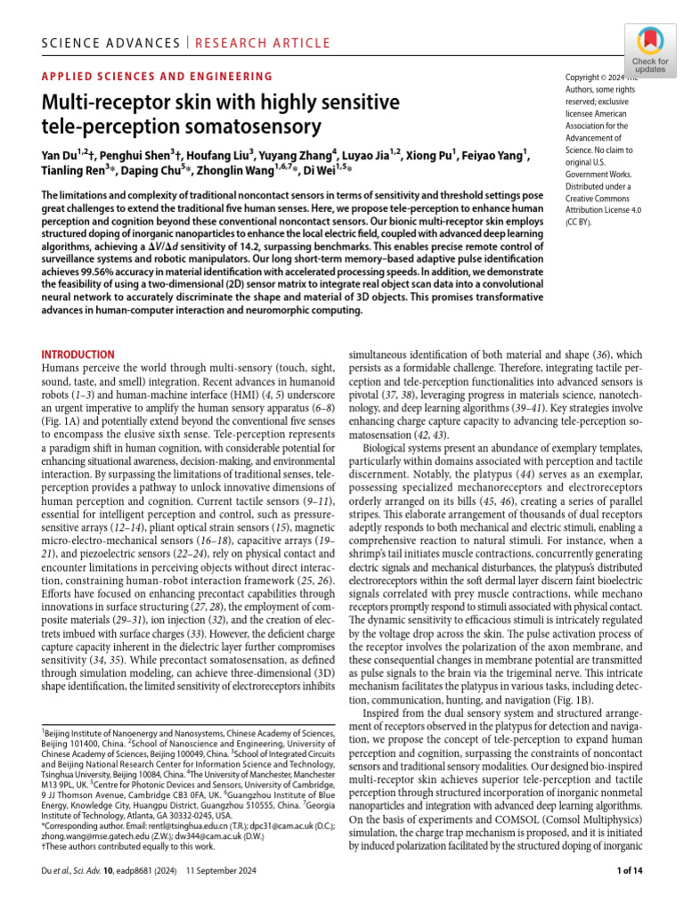 Multi-Receptor Skin With Highly Sensitive Tele-Perception Somotosensory ...