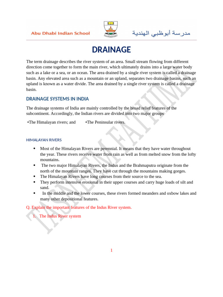 Chap 3 Drainage Notes and Solved Questions. | PDF | River | Indus River
