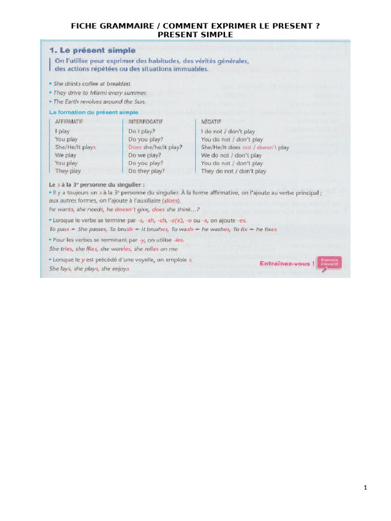 1 PRESENT SIMPLE - COURS +EXERCICES - Correction | PDF
