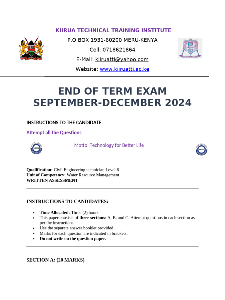 Ce l6 Sept 2024 End Wrqm Term Exam | PDF | Water Quality | Water