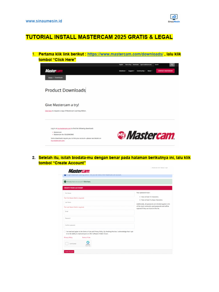 Tutorial Install MasterCAM 2025 Learning Edition (WWW - Sinaumesin.id) | PDF