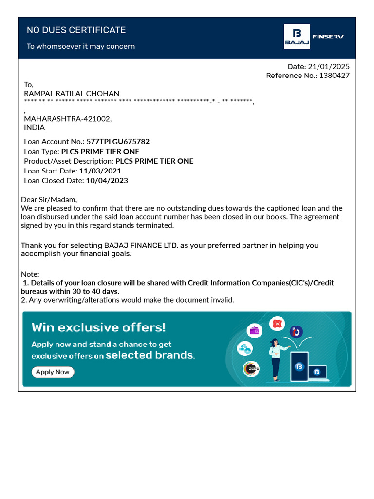 No Dues Certificate - 1737478145290 | PDF | Loans | Money