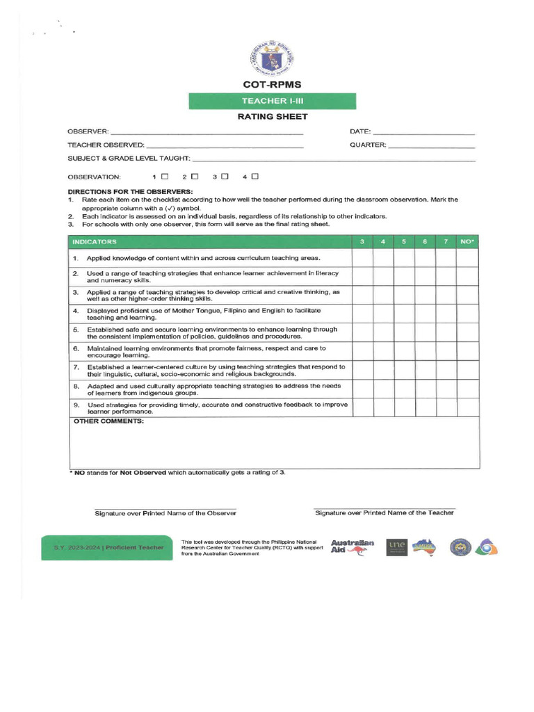 Cot-Rpms Rating Sheet 2023-2024 | PDF