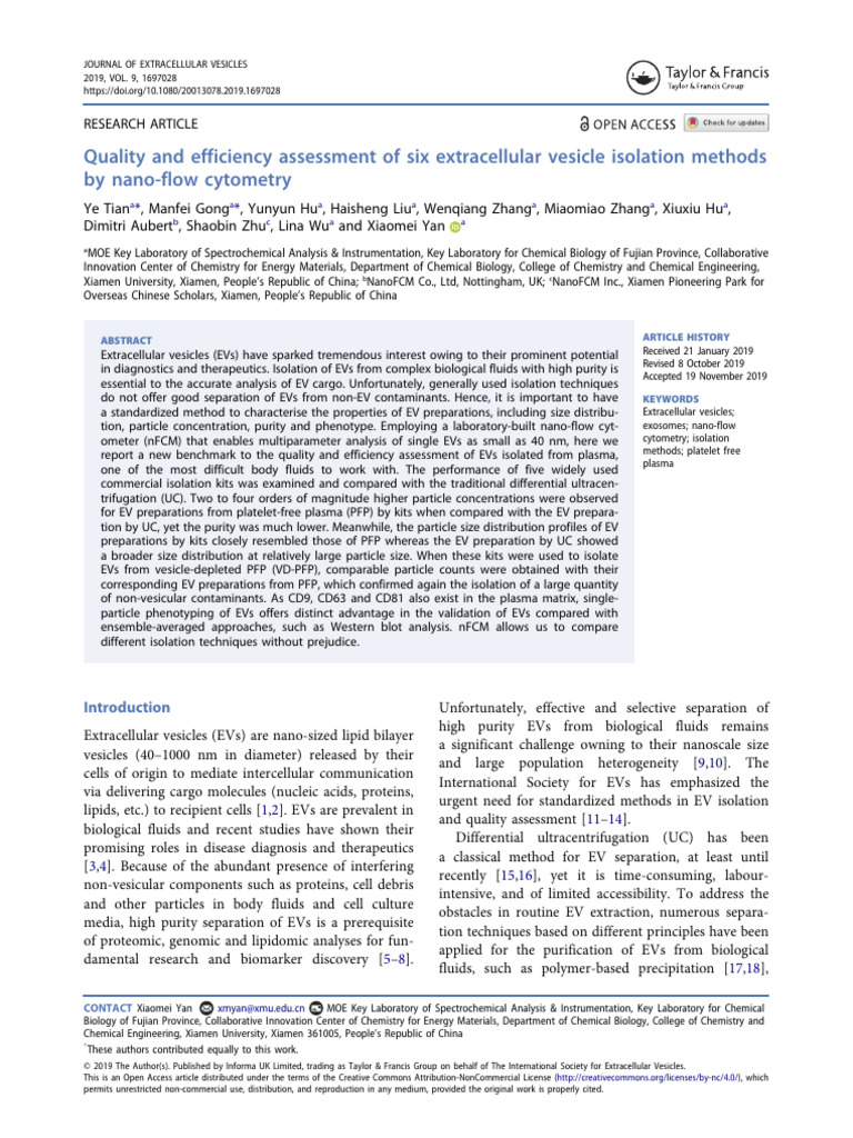 Quality and Efficiency Assessment of Six Extracellular Vesicle Isolation Methods by Nano-Flow ...