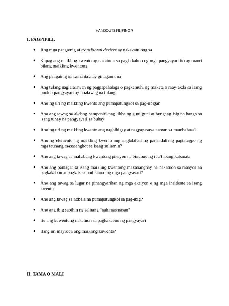 HANDOUTS FILIPINO 9 - Quiz | PDF
