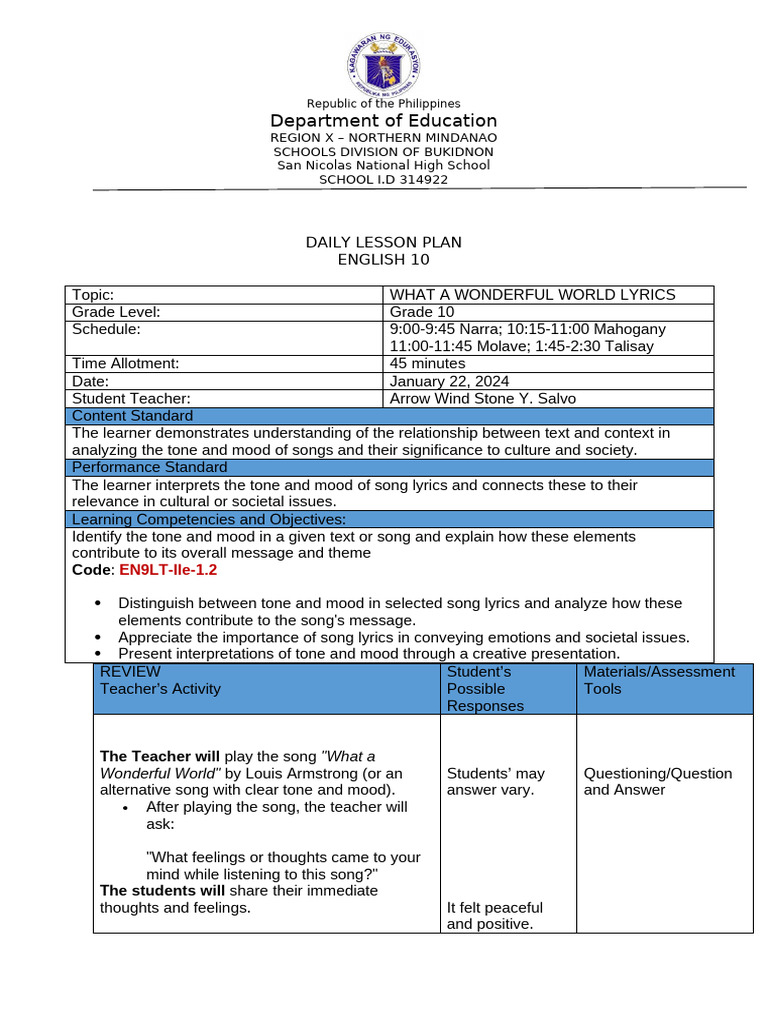 Grade 10 English Lesson: Tone & Mood | PDF | Learning | Teachers