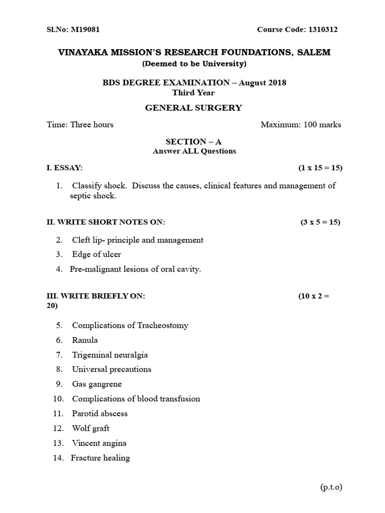 BDS General Surgery Exam Questions 2018 | PDF