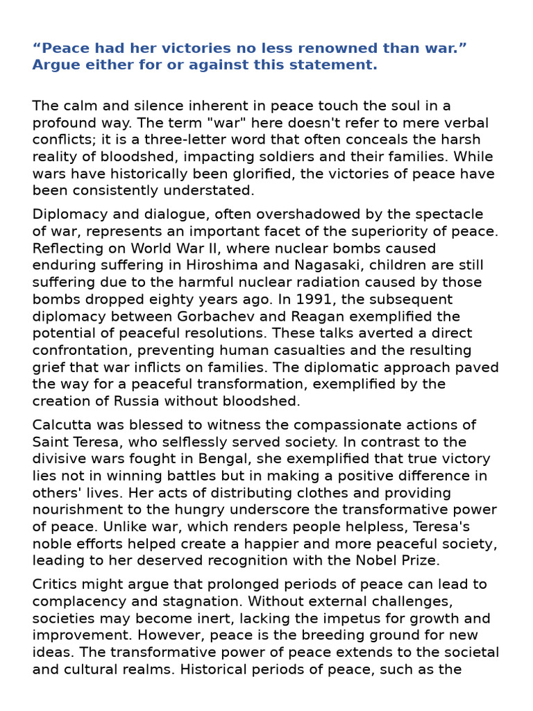 Peace vs. War: The Greater Victory | PDF | Peace | Nonviolence