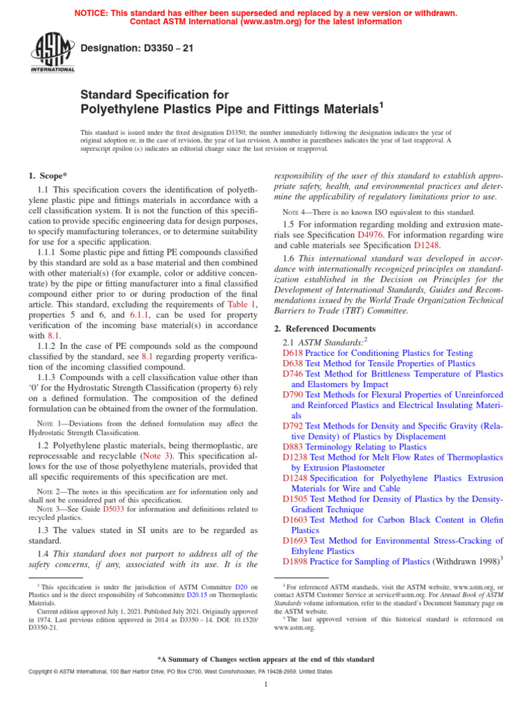 Polyethylene Plastics Pipe and Fittings Materials: Standard ...