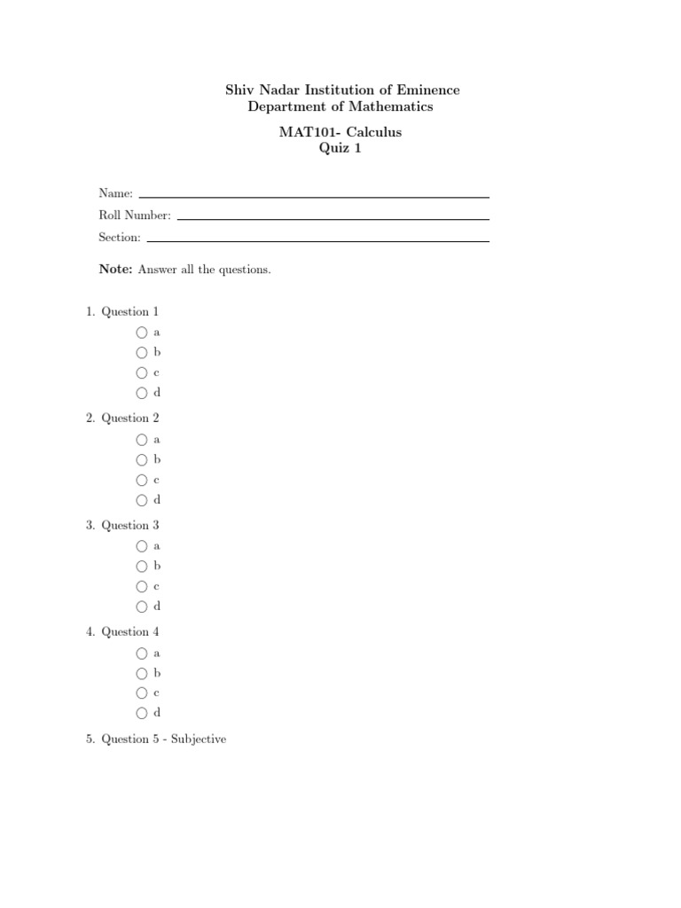 MAT101 Calculus Quiz 1 Document | PDF