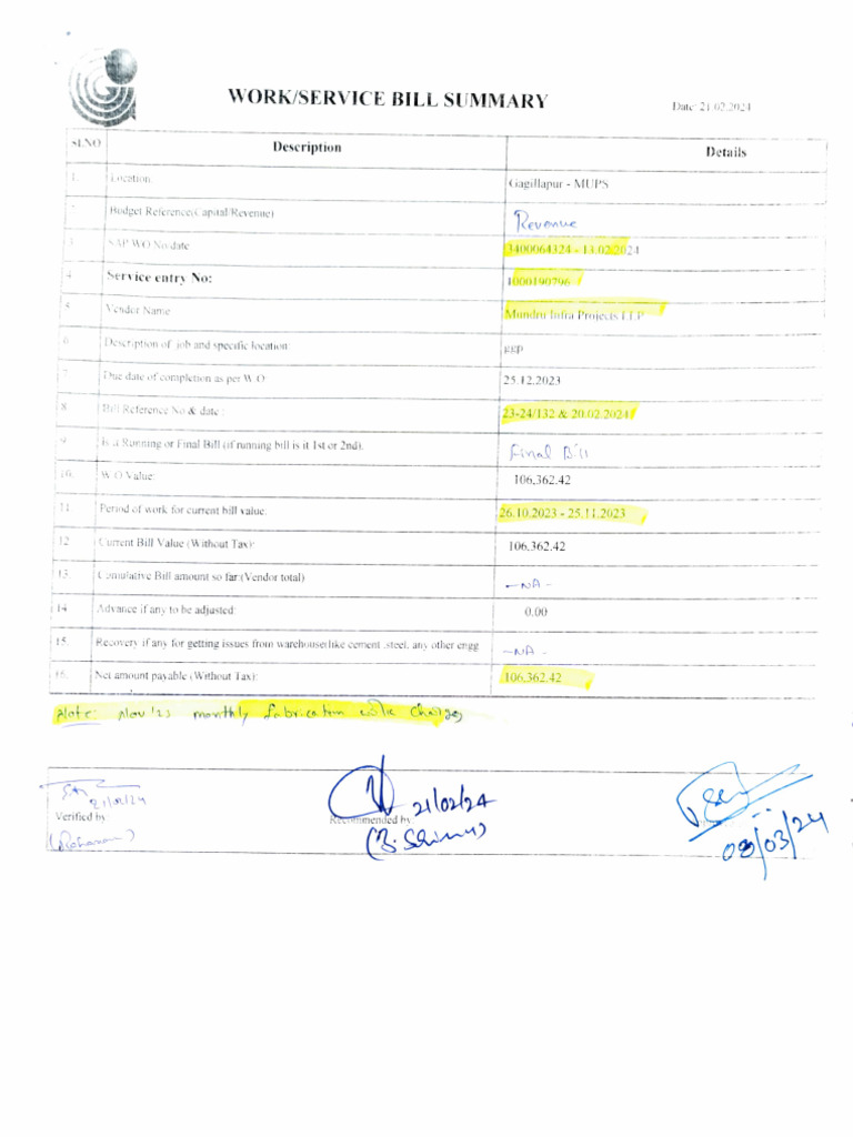 Service Bill Summary for Mundru Infra Projects | PDF | Home Appliance ...