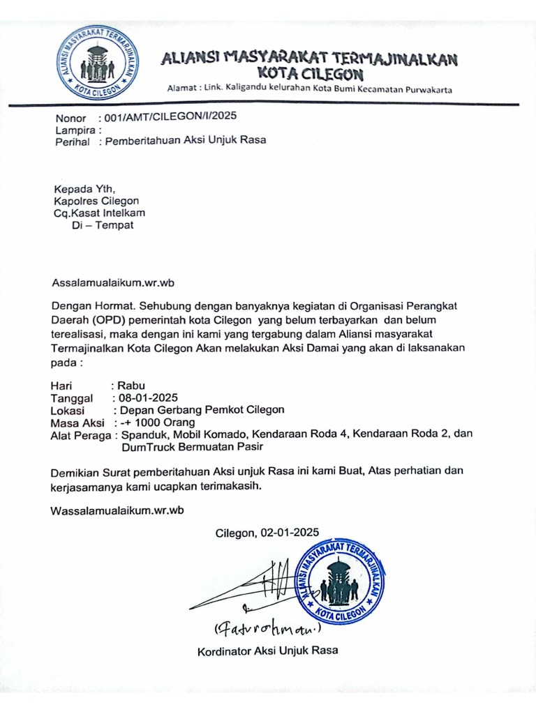 Surat Pemberitahuan Aksi Unjuk Rasa | PDF