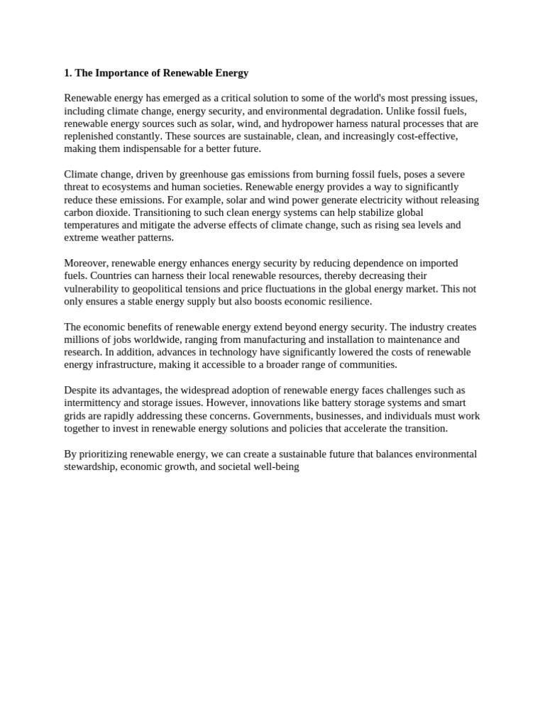 The Importance of Renewable Energy ESSAY | PDF