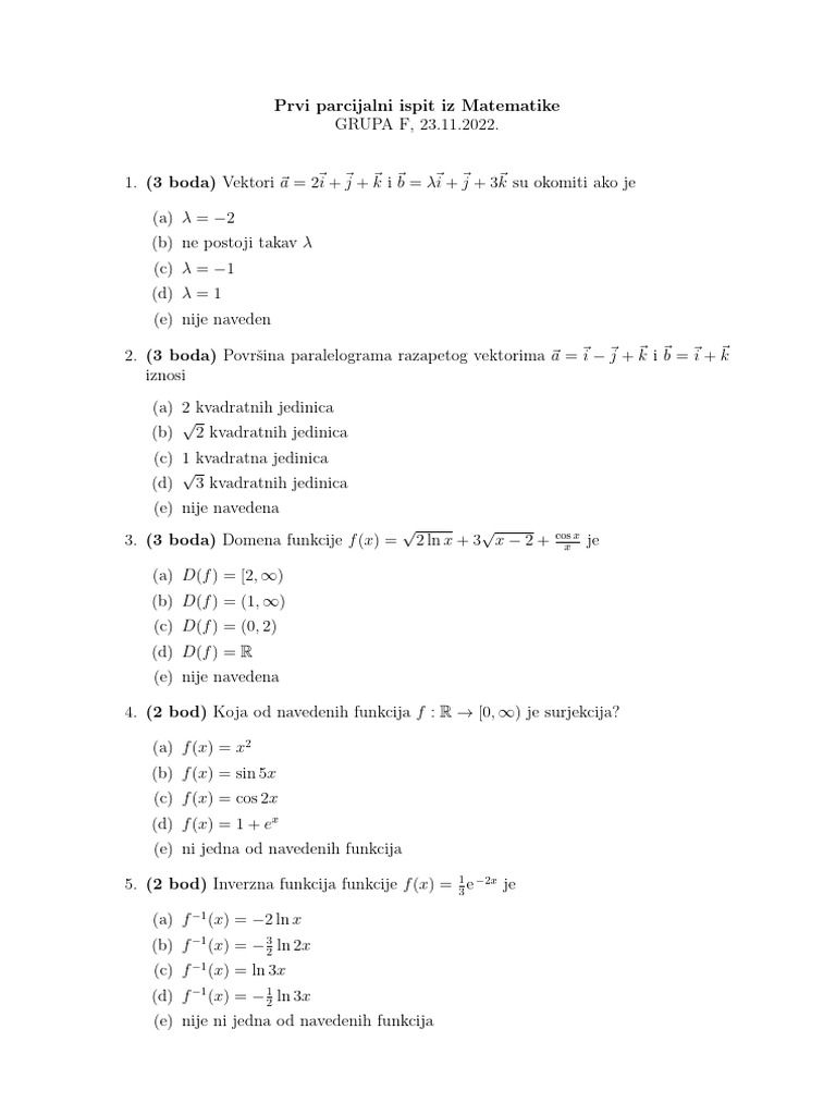 MAT - 2022-23 Prvi Parcijalni Ispit - F | PDF