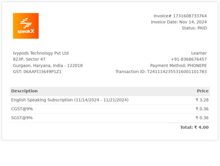 Paid Invoice for English Subscription | PDF